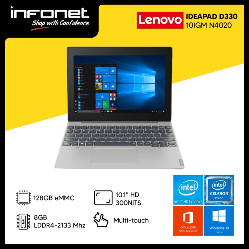LENOVO IDEAPAD D330 10IGM N4020 8GB 128GB EMMC 10.1" HD TOUCH W10PRO ...